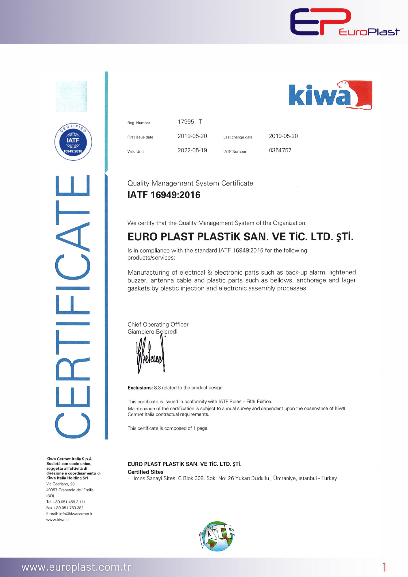 Certificates - Euro Plast